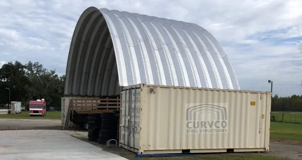55x20 Shipping Container Cover - Curvco Steel Buildings